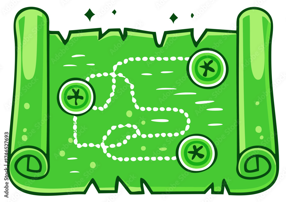 Cartoon green treasure map on an old scroll with a dotted line path and ...