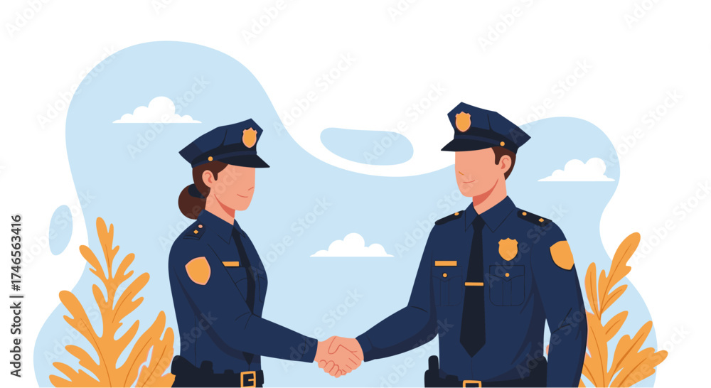 Two police officers, a man and a woman, shake hands in a gesture of ...