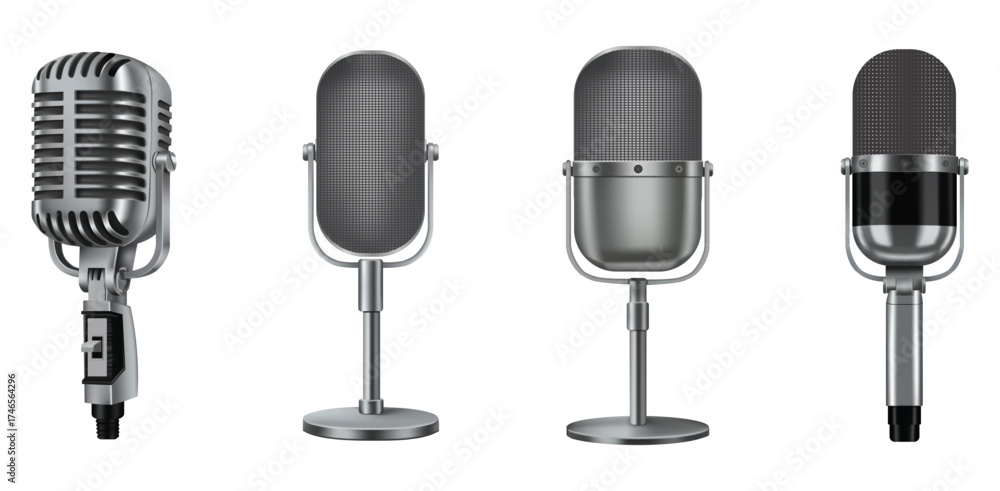 microphone,retro,vintage 3d realistic set of different metal retro ...