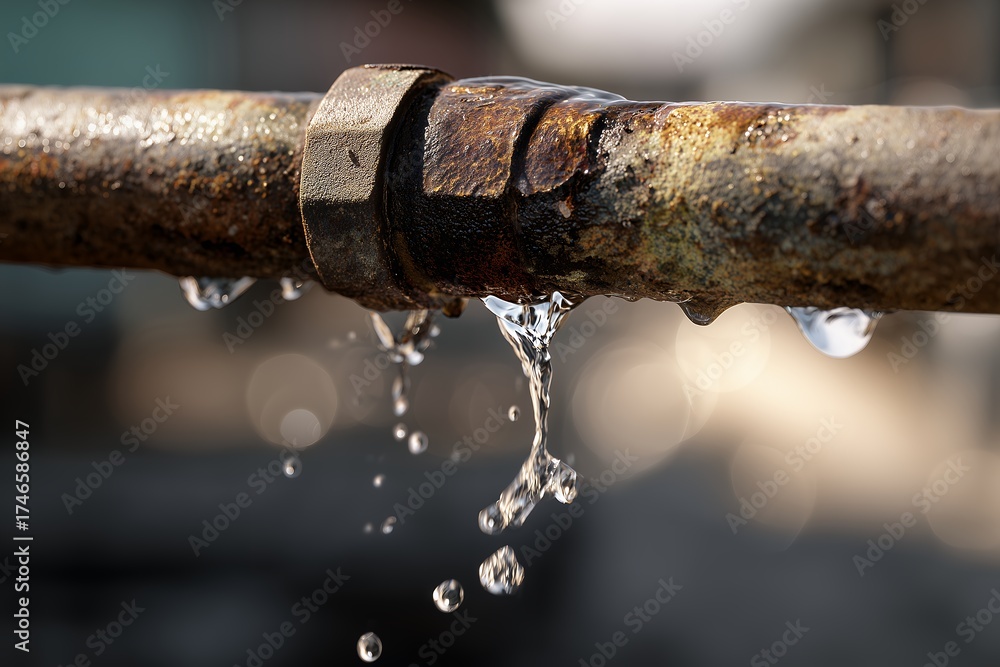 Leaky rusted pipe with dripping water droplets and corroded metal ...