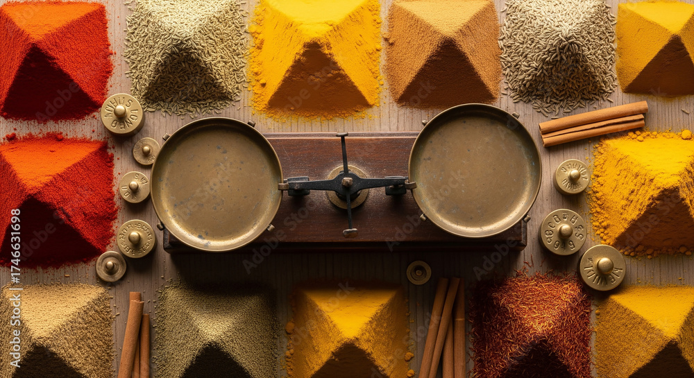 Top down flat lay of colorful spices and a vintage balance scale Stock ...