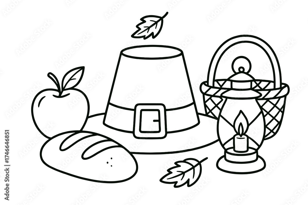 Pilgrim Harvest Icons. Pilgrim hat outline set. wide-brim hat, apple ...
