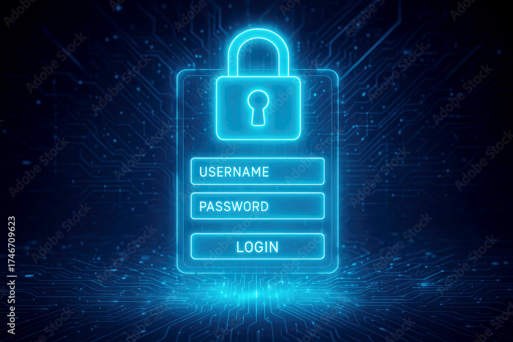 Neon blue digital padlock and login form with circuit board pattern and ...