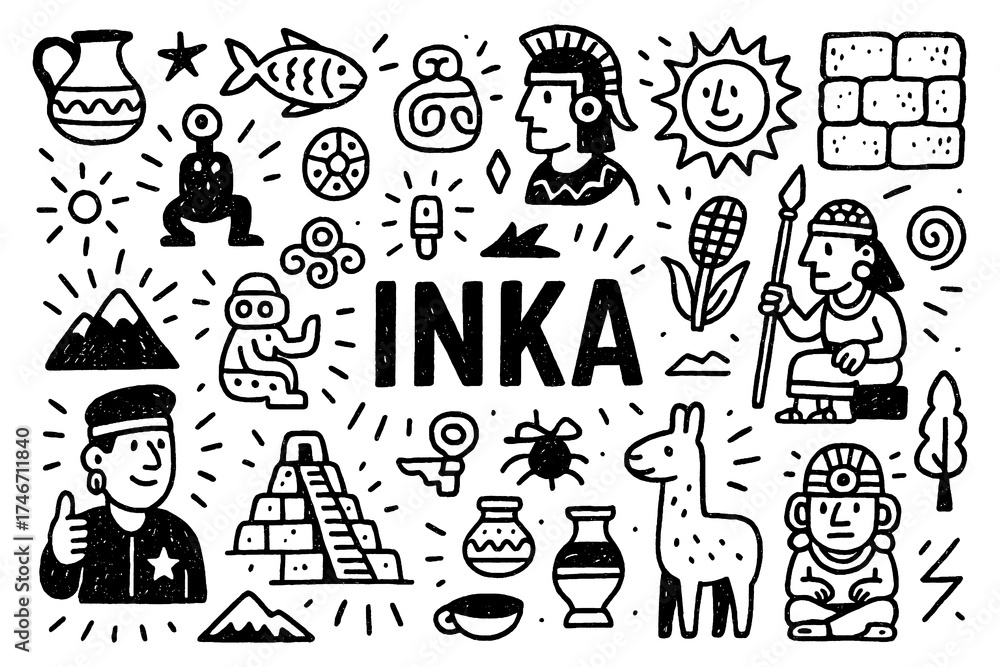 Inca culture doodle with ancient symbols, people, animals, and ...