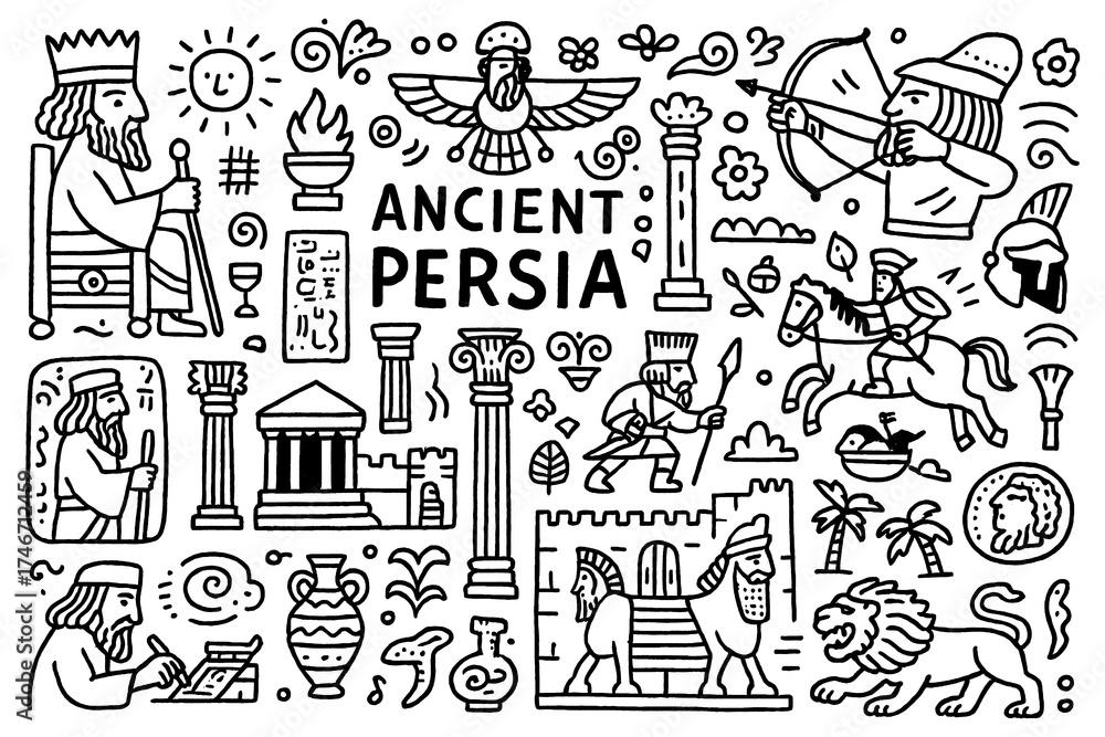 Ancient Persia doodle set with kings, temples, warriors, columns ...