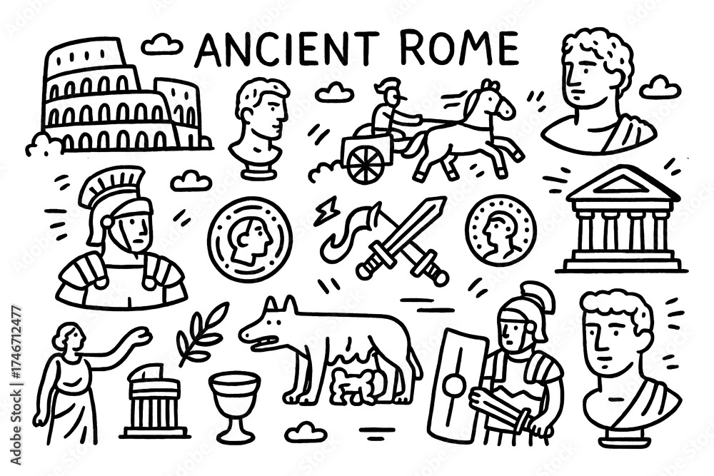 Ancient Rome doodle set with Colosseum, Roman soldiers, statues, laurel ...