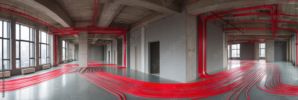 Red heating pipes spread through unfinished concrete building interior ...