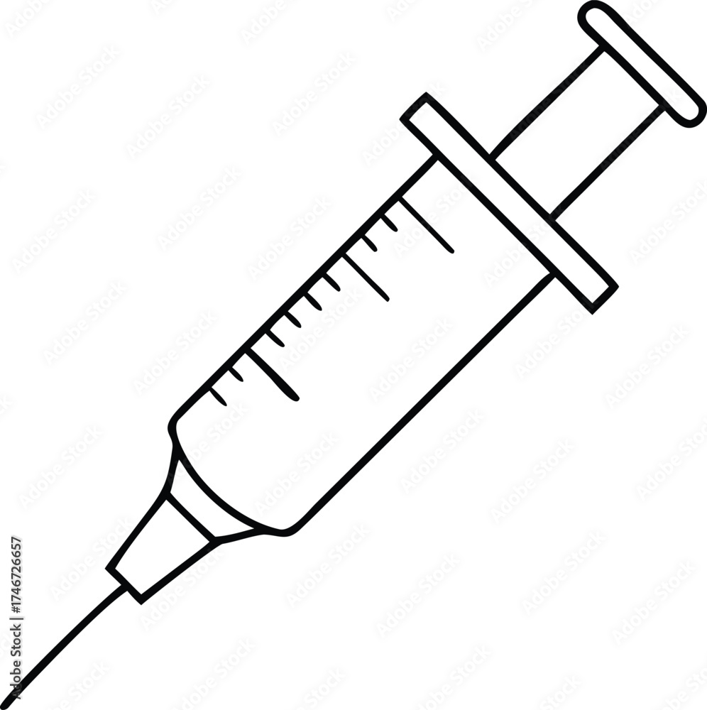 Simple line drawing of a medical syringe for injection and vaccination ...