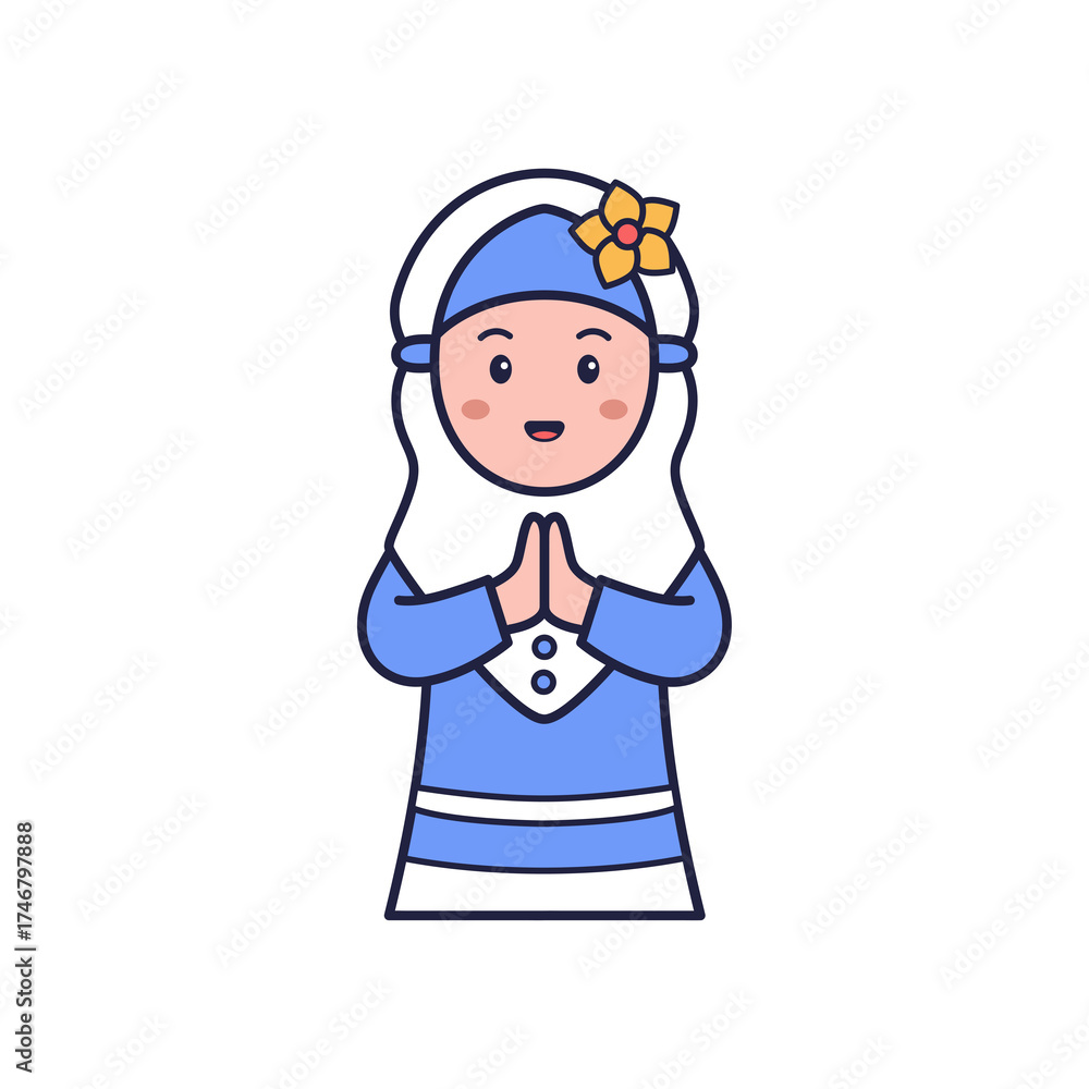 Pixel Art Illustration of Smiling Muslim Girl in Blue Dress with Prayer ...