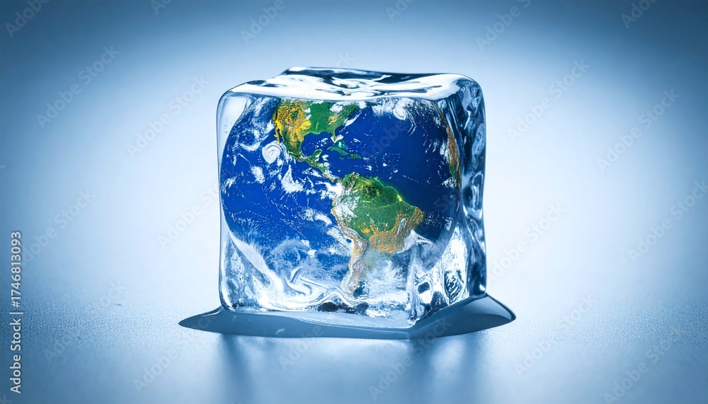 Planet Earth, shaped like an ice cube slowly melting away, a powerful ...