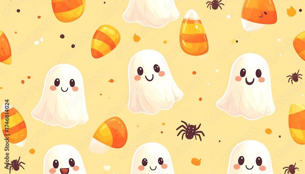 Cute, repeating pattern with cartoon ghosts, candy corn, and tiny ...