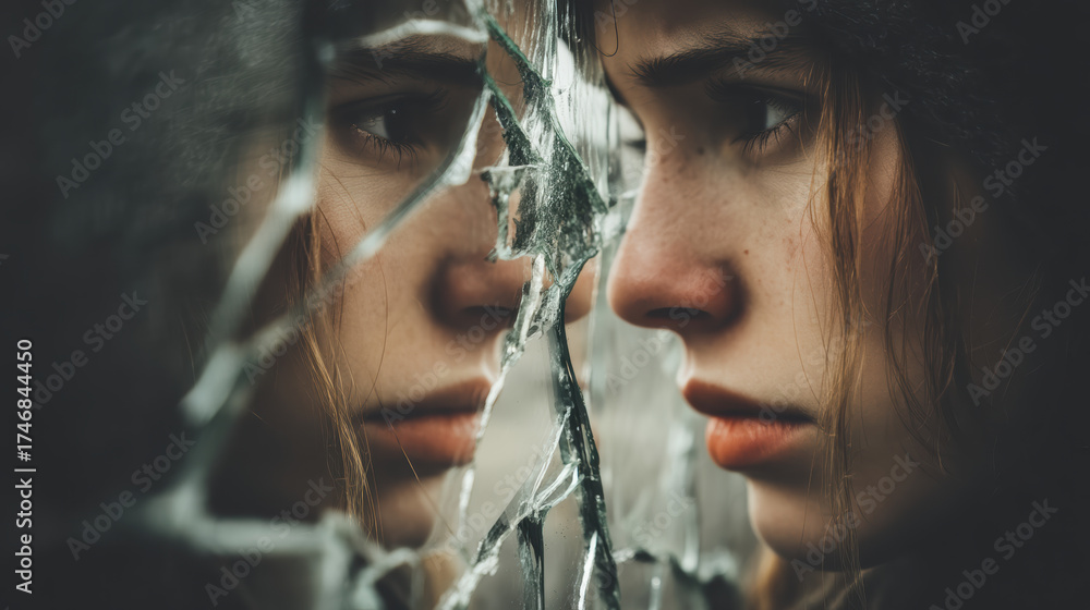 Sad woman face reflection in shattered broken mirror. Dramatic portrait ...