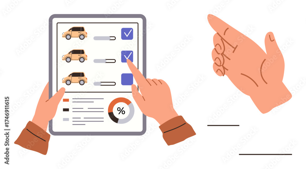 Tablet displaying car comparison chart with checklist and percentage ...