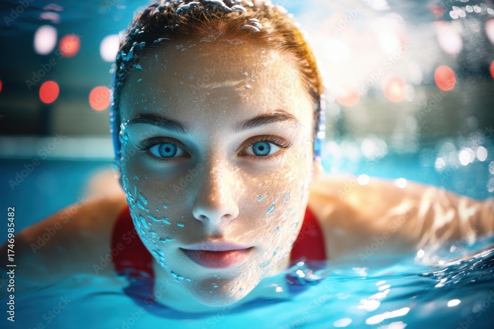 Young swimmer looking directly at the camera underwater in a brightly ...