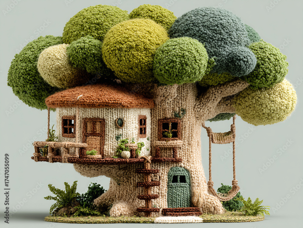 a whimsical, miniature treehouse crafted from various materials, with a ...