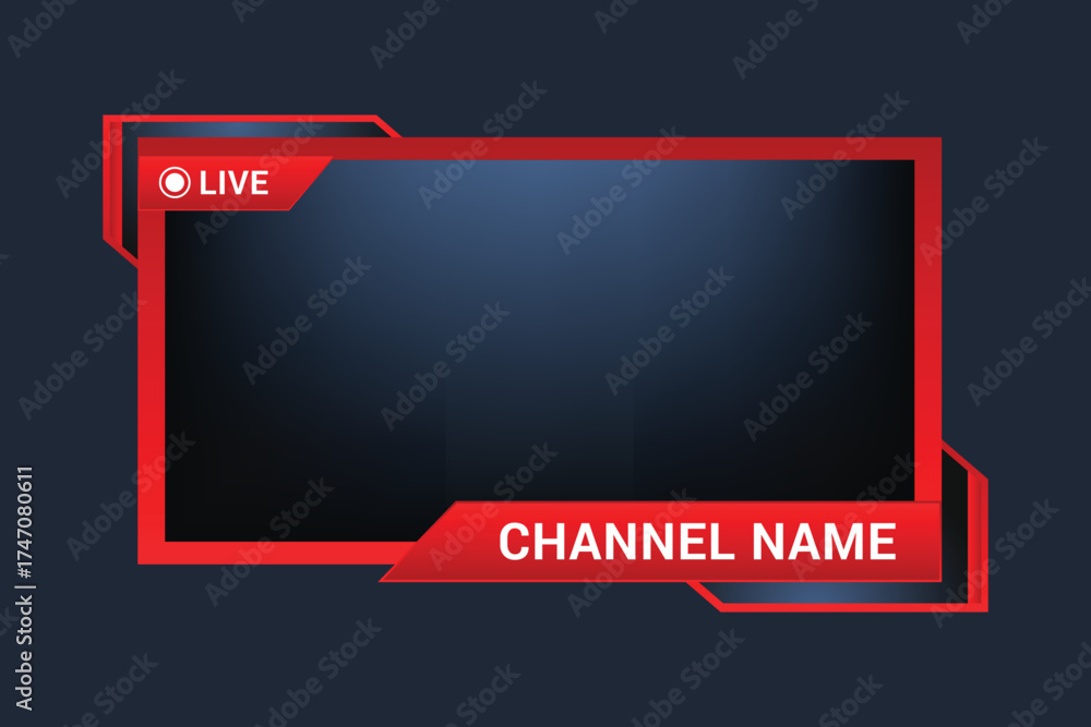 Vector art of red live streaming overlay template with channel name for online video platform ...