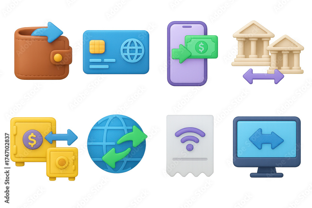 3D Wire Transfer Icons. Wire transfer set of icons in 3D color style ...