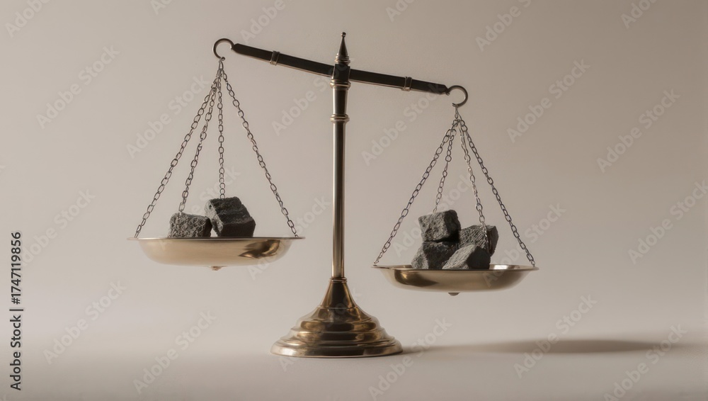 A balanced scale with dark rock-like objects in each pan, set against a ...