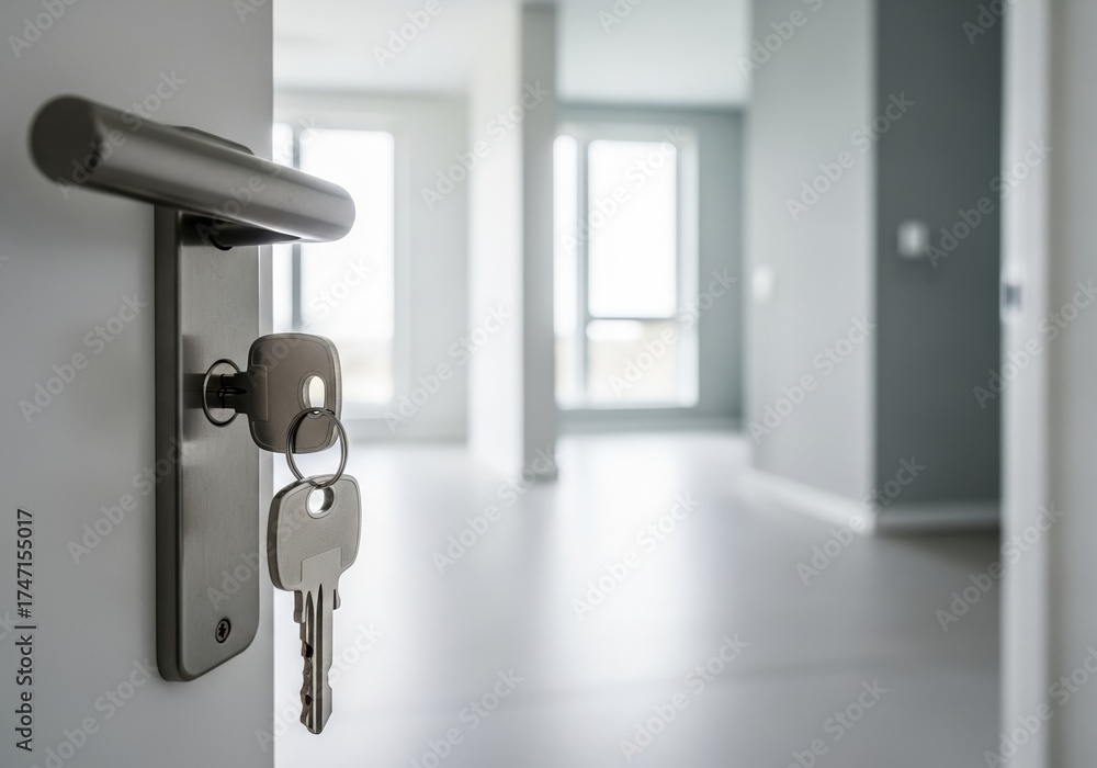 Open metal door with key in lock revealing empty minimalist room ...