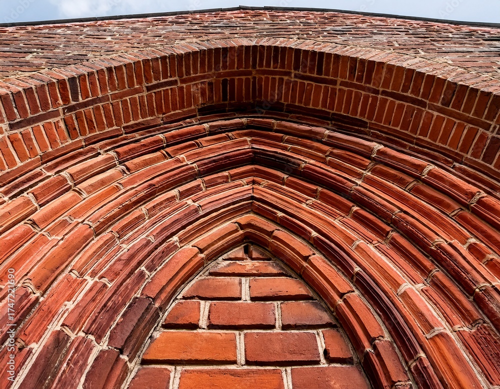 close up view of a detailed arched wall section featuring medieval red ...