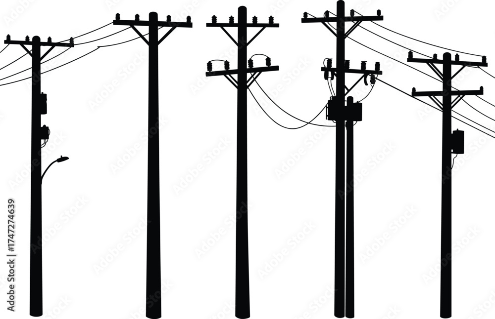 Utility pole silhouettes, electrical infrastructure design, power line ...