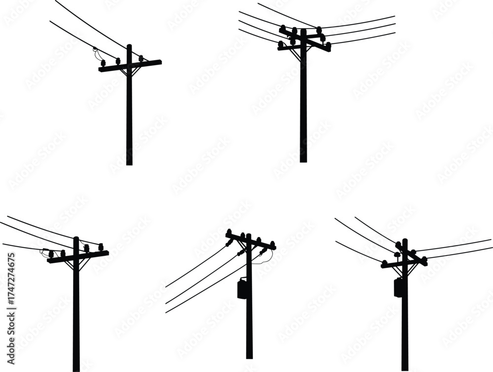 Utility pole silhouettes, electrical infrastructure, power line ...