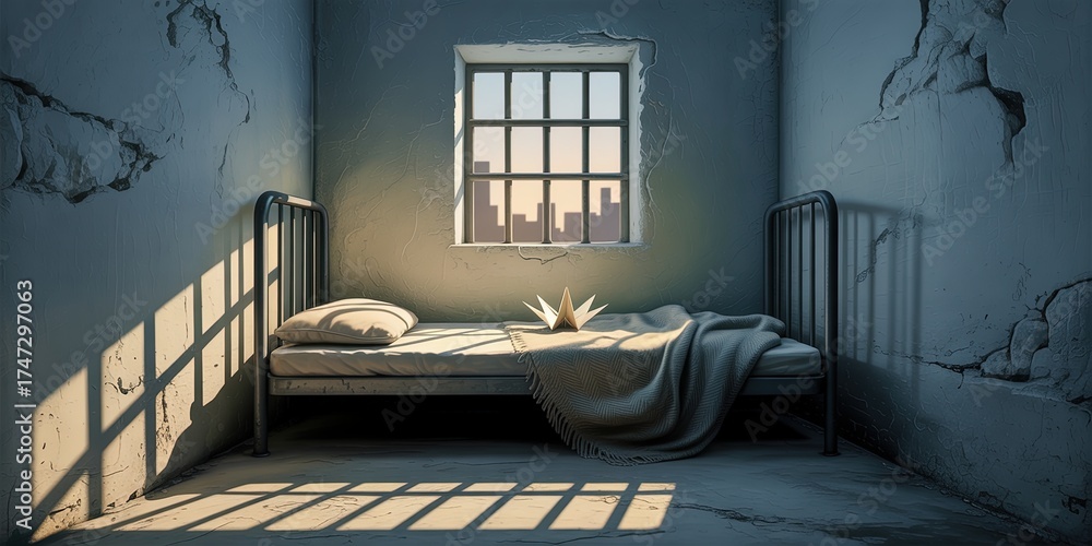 Lonely Prison Cell Interior with Single Bed, Cracked Walls, Sunlight ...