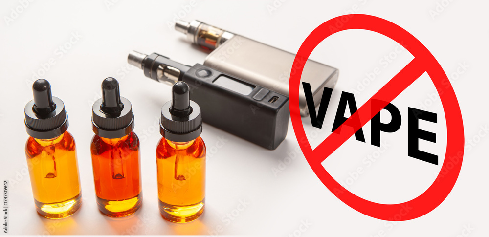 Vape devices and e-liquid bottles with red prohibition sign and word ...