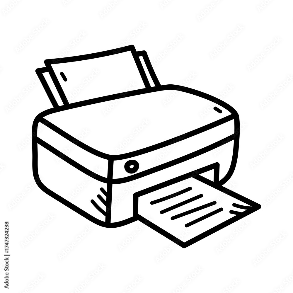 Simple Line Art Drawing of a Black and White Printer with Paper Output ...