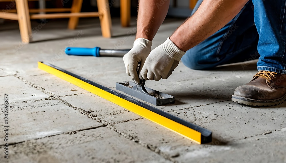 Worker hands using a specialized tool for grout to repair cracks in a ...