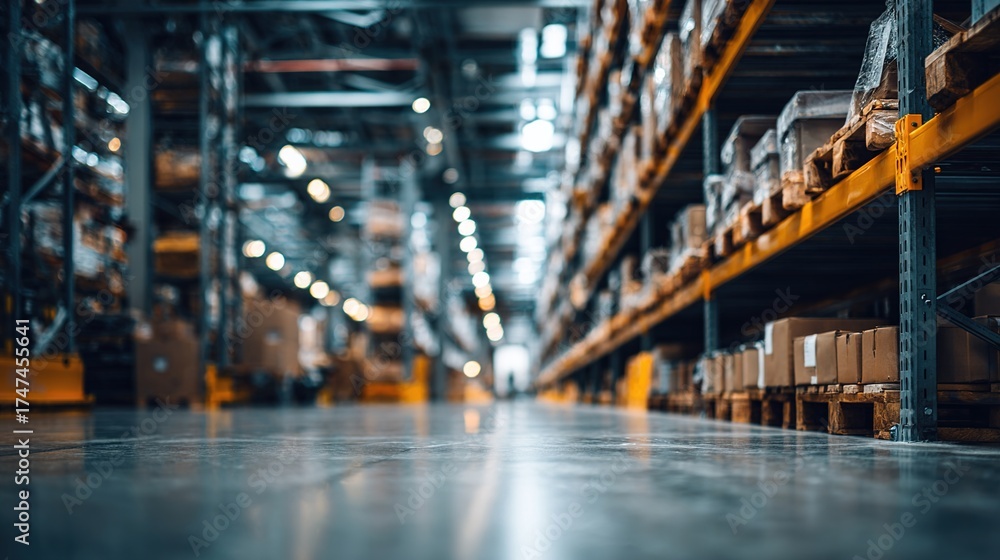 warehouse. Industrial warehouse interior with focused shelves ...