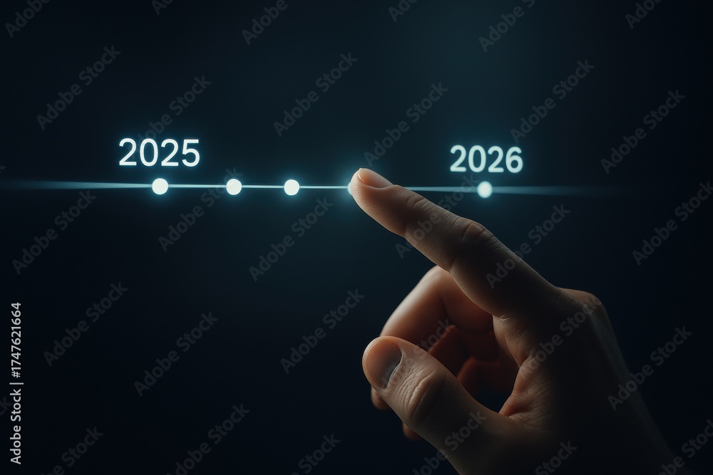 Hand Reaching Towards a Future Timeline Displaying Years 2025 and 2026 ...