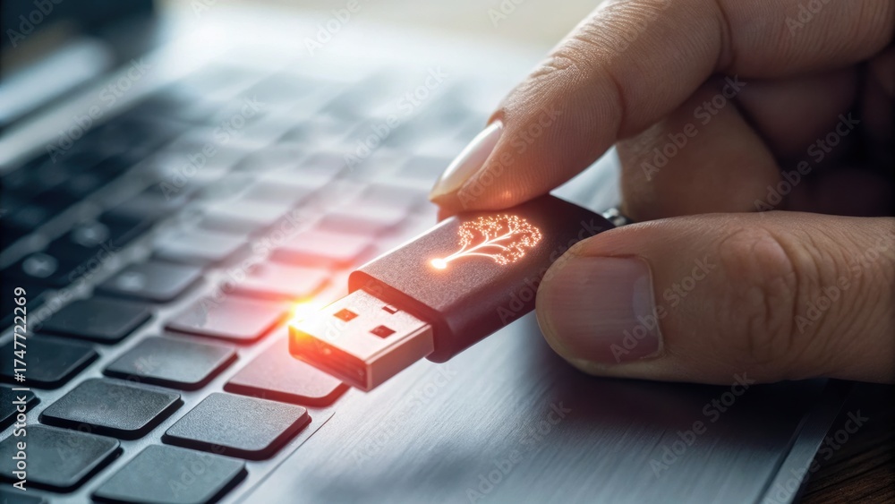 Glowing USB drive being inserted into laptop symbolizes AI risk and ...