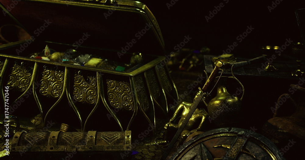 Intricate chest overflowing with glittering gems and golden relics ...