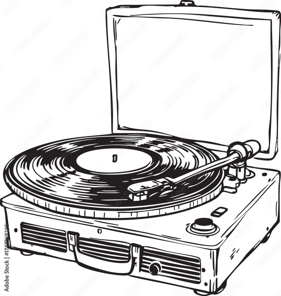 Vintage record player vector—portable turntable with vinyl, stylus ...