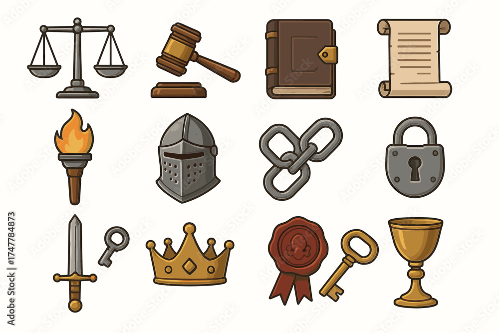 Set of medieval icons including scale, gavel, scroll, helmet, chain ...