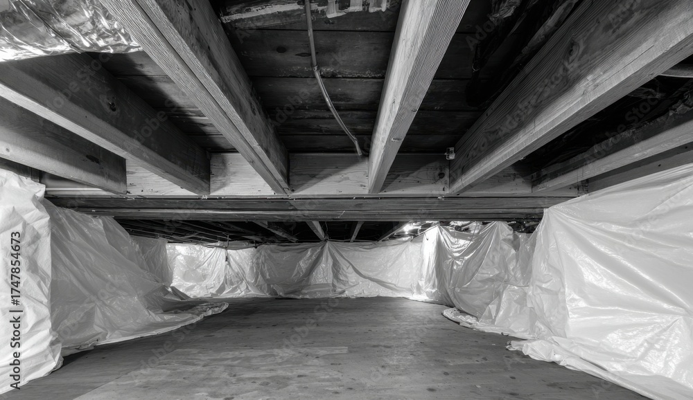 Underground construction site with exposed wooden beams and plastic ...