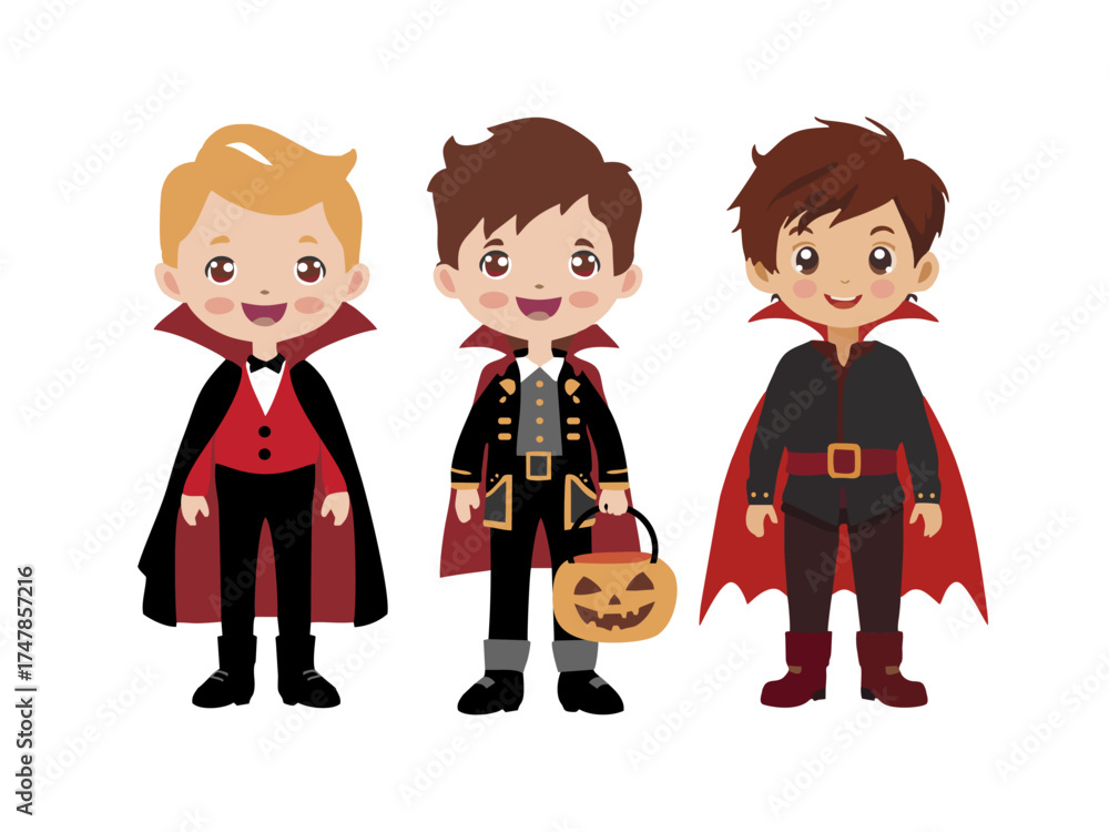 boy and girl wearing halloween costumes with difference character Stock ...