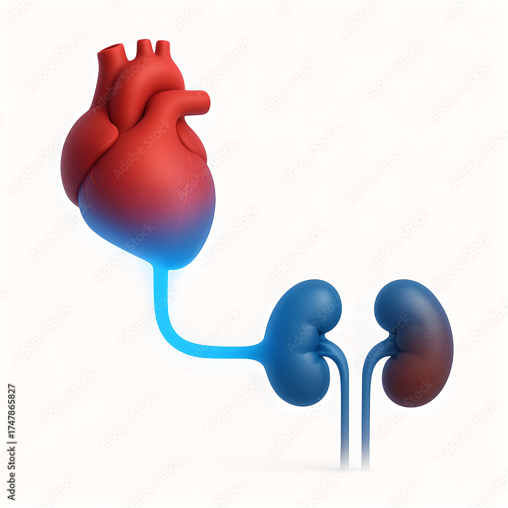 3D medical illustration set of cardiorenal syndrome—heart–kidney duet ...