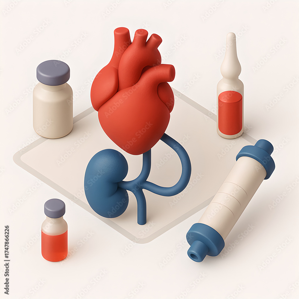 3D medical illustration set of cardiorenal syndrome—heart–kidney duet ...