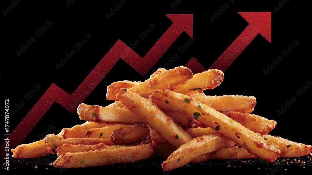 Ilustrace Crispy golden french fries arranged like a rising graph chart ...