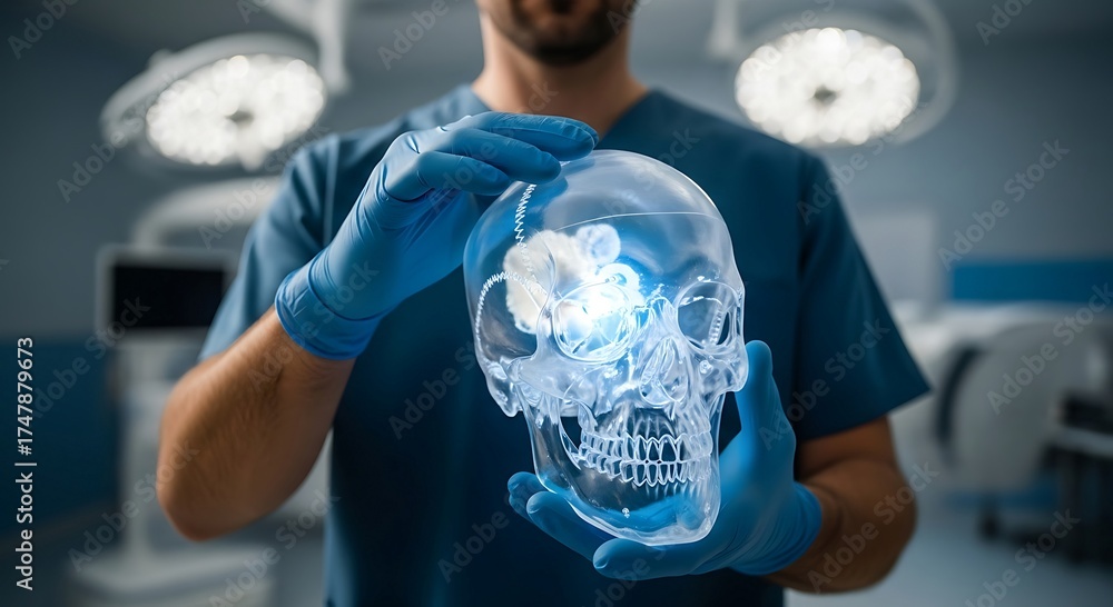 Neurosurgeon in Operating Room Holding 3D Skull Model with Brain Tumor ...