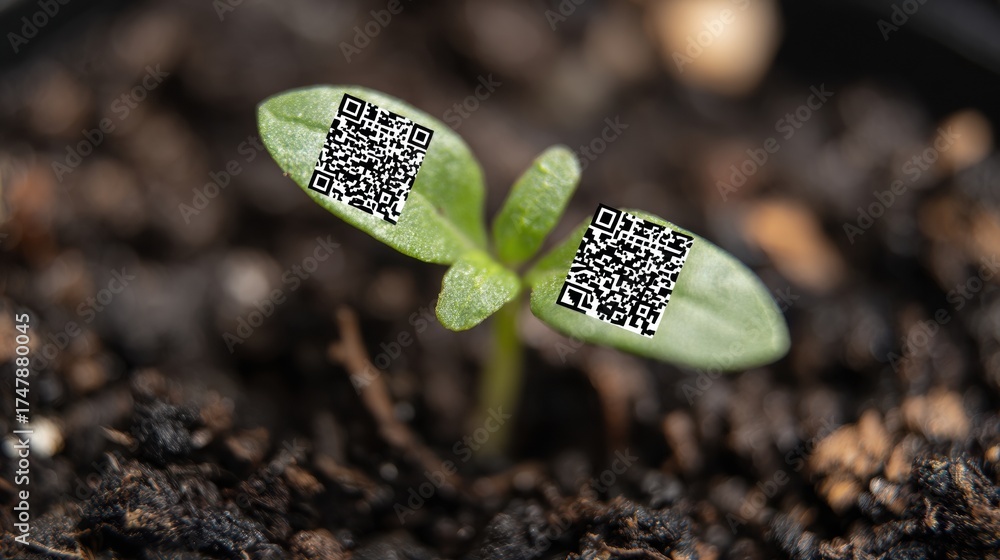Small Green Plant With QR Codes on Leaves Growing in Dark Soil Under ...