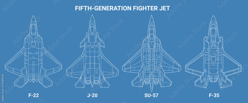 Set of fifth generation fighter jet in blueprint style from top view ...