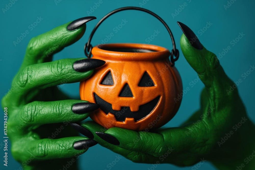 Grotesque green witch hands carefully hold a cheerful orange Jack-o ...