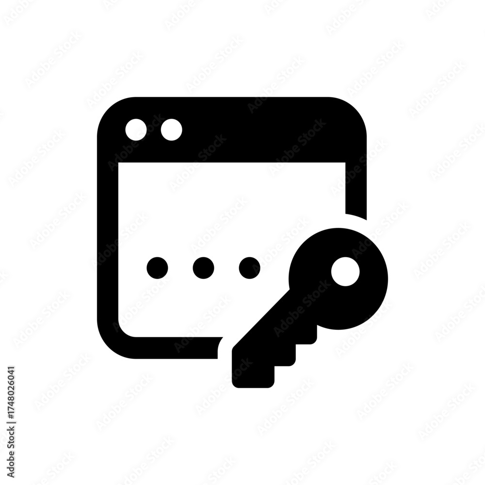 Black and white icon showing a browser window with three dots and a key ...