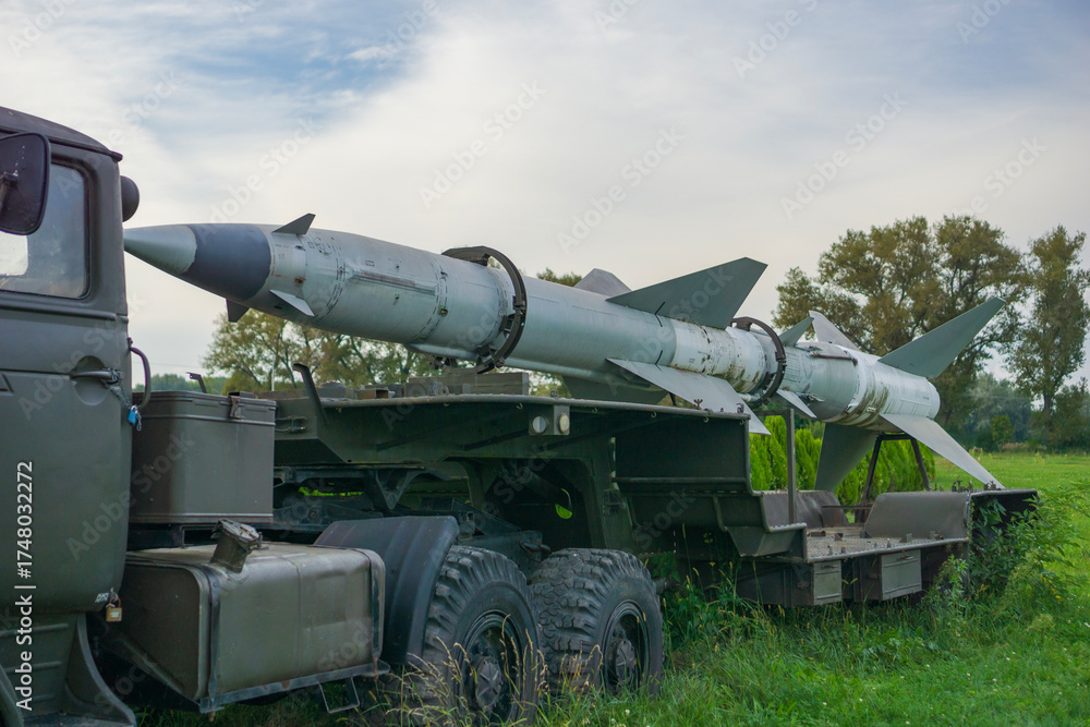 old S 125 surface to air missile on military truck launcher in field ...