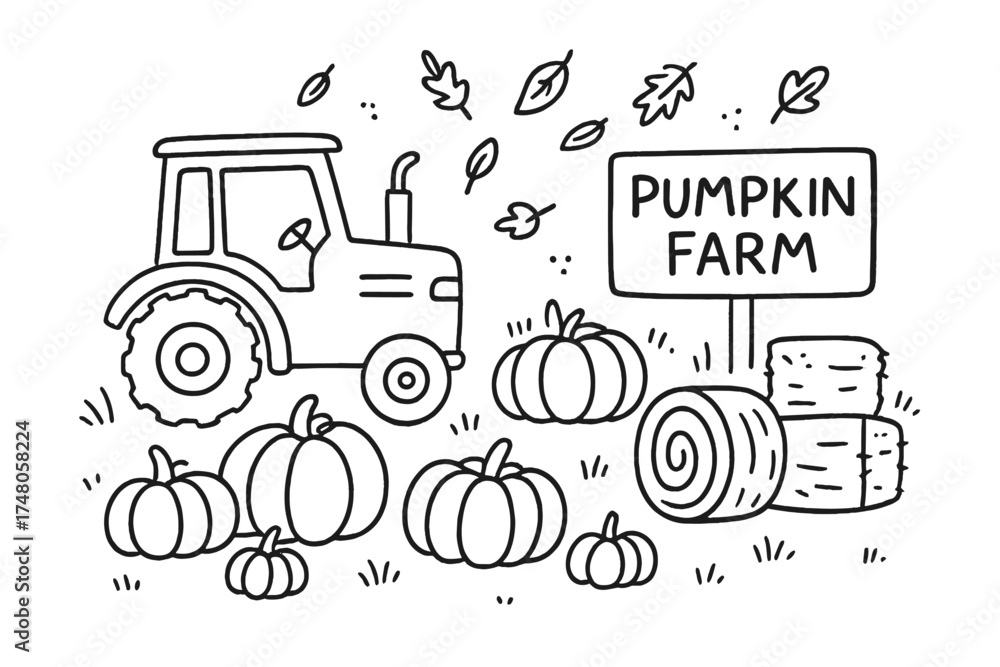 Pumpkin Farm Scene. Pumpkin farm doodle with tractor, pumpkins, hay ...
