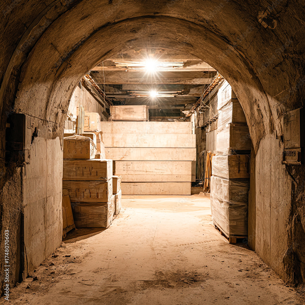 Lighted tunnel with stored goods creating an inviting path in an old ...