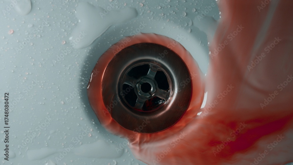 Realistic bloody water flowing into drain in bathroom, red liquid ...